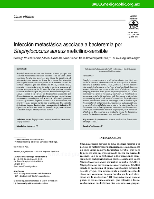 (PDF) Infección metastásica asociada a bacteremia por Staphylococcus aureus meticilino-sensible