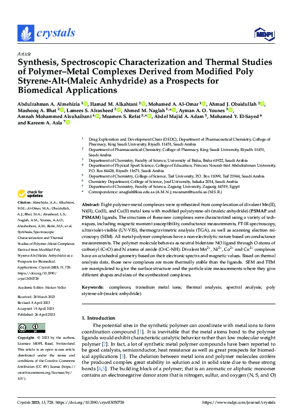 (PDF) Synthesis, Spectroscopic Characterization and Thermal Studies of Polymer-Metal Complexes ...