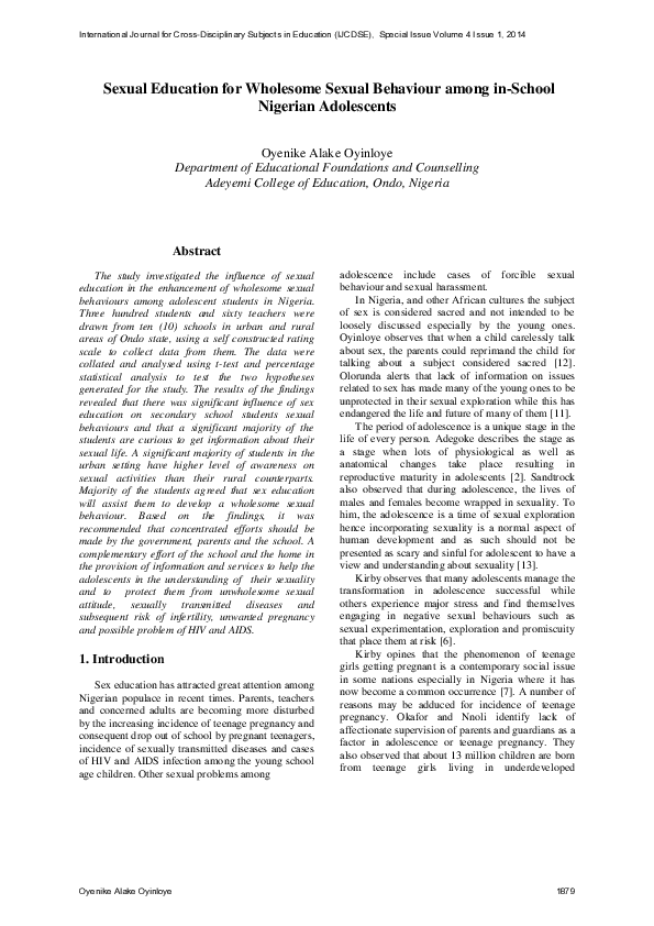 (PDF) Sexual Education for Wholesome Sexual Behaviour among in-School Nigerian Adolescents