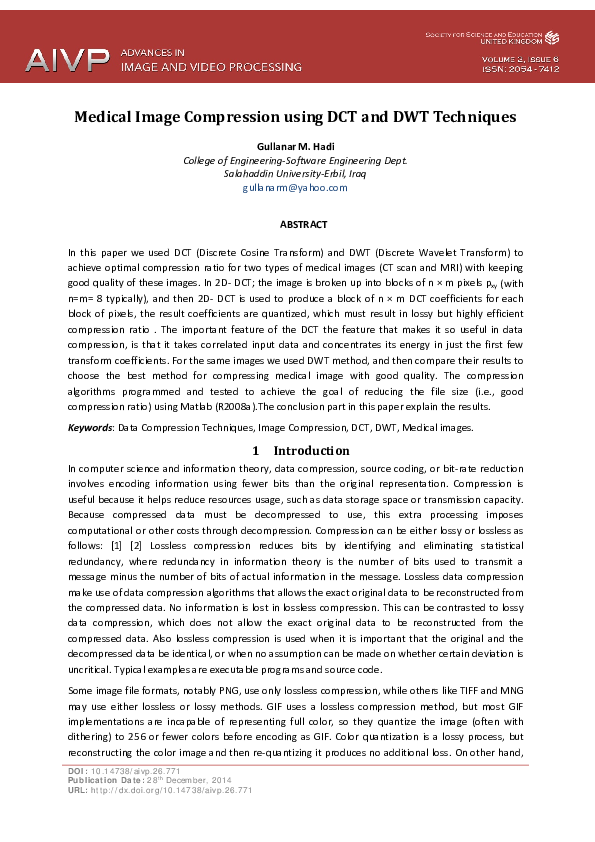 (PDF) Medical Image Compression using DCT and DWT Techniques