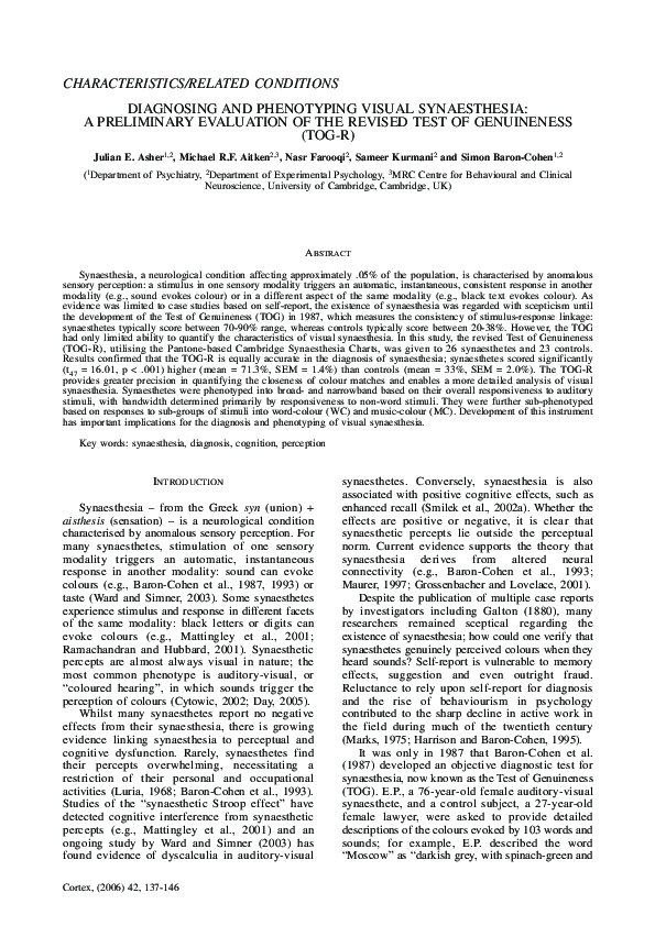 (PDF) Diagnosing and Phenotyping Visual Synaesthesia: a Preliminary ...