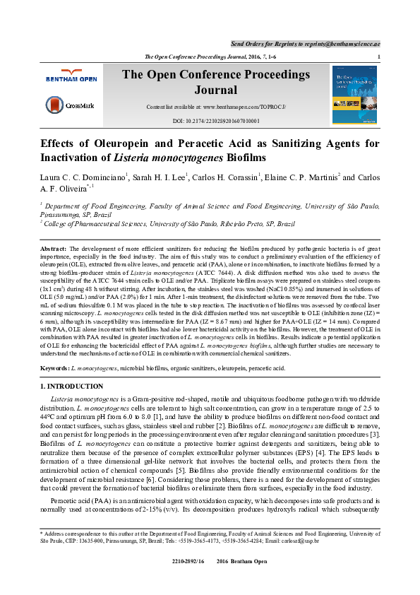 (PDF) Effects of Oleuropein and Peracetic Acid as Sanitizing Agents for ...