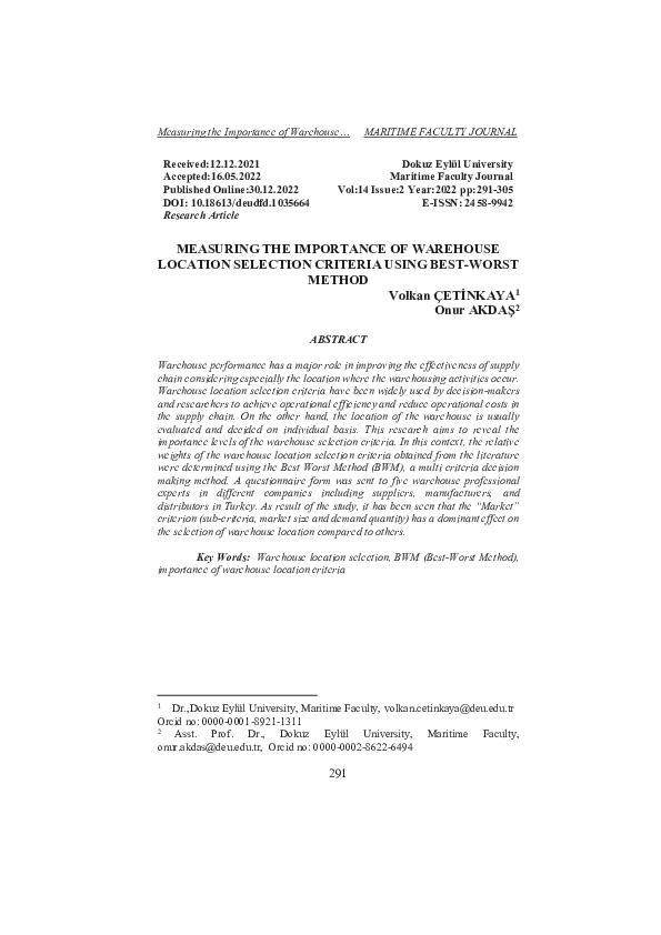 (PDF) Measuring the Importance of Warehouse Location Selection Criteria Using Best-Worst Method