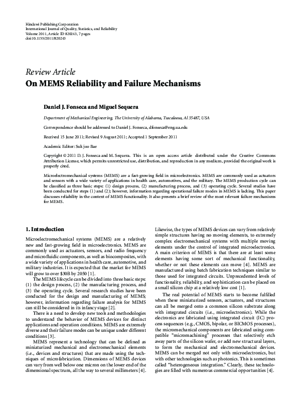 (PDF) On MEMS Reliability and Failure Mechanisms