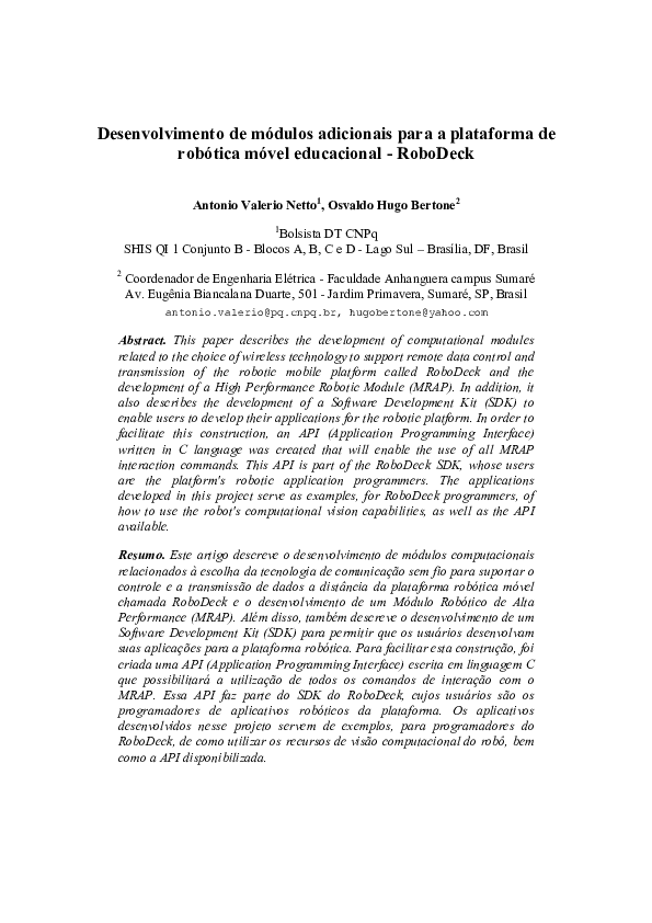 Pdf Desenvolvimento De Sistemas Computacionais Para Plataforma Robótica Aplicada à área De