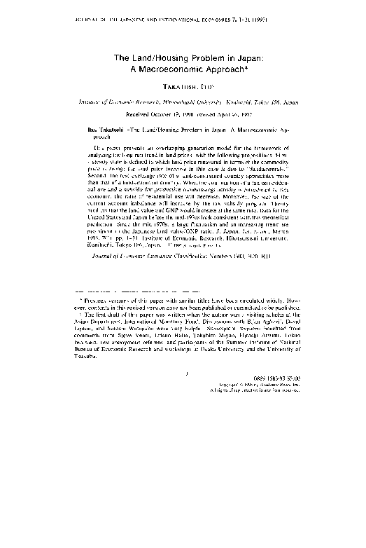 (PDF) The Land/Housing Problem in Japan: A Macroeconomic Approach