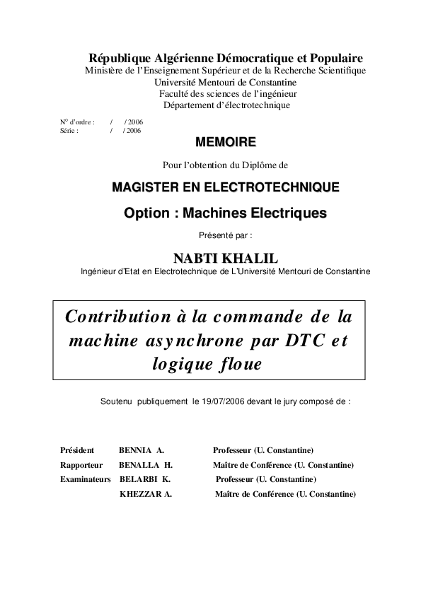 (PDF) Commande DTC de machine asynchrone