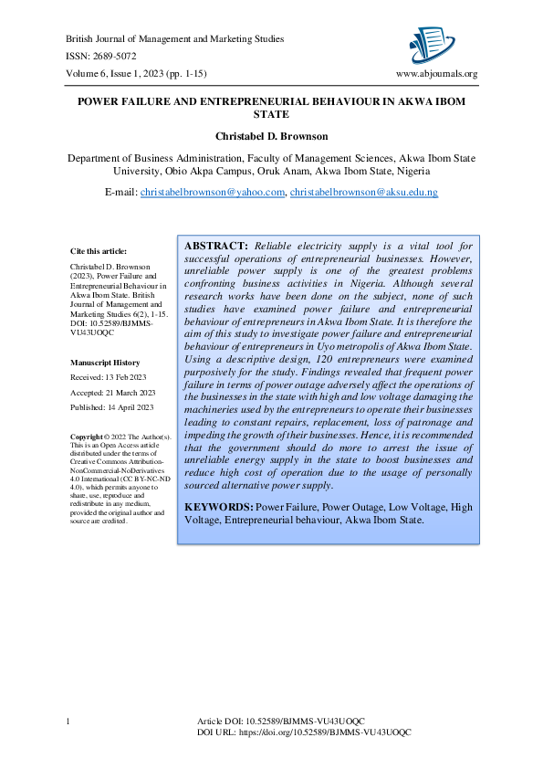 (PDF) Power Failure and Entrepreneurial Behaviour in Akwa Ibom State