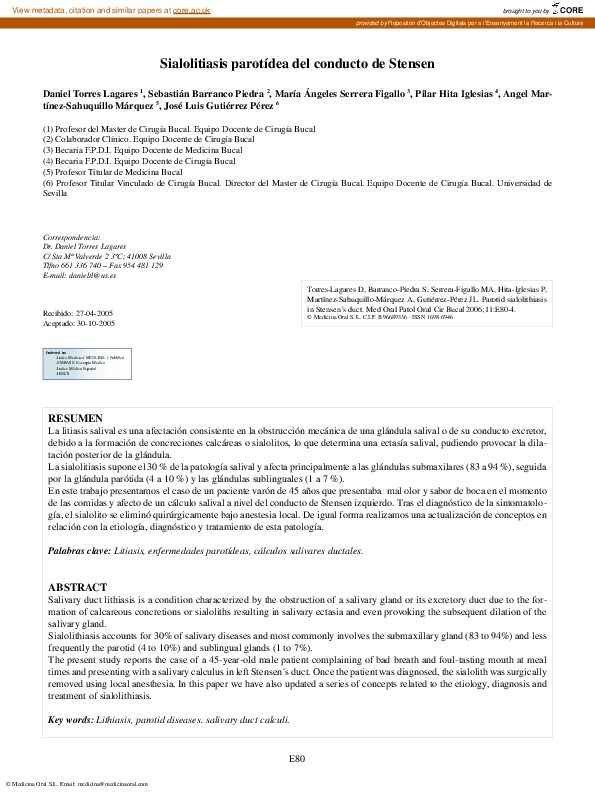 (PDF) Sialolitiasis parotídea del conducto de Stensen