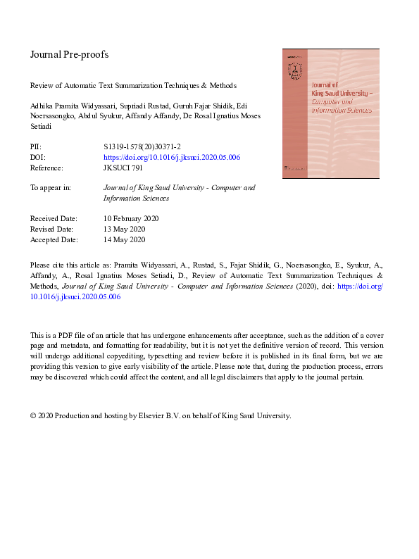 Pdf Review Of Automatic Text Summarization Techniques And Methods