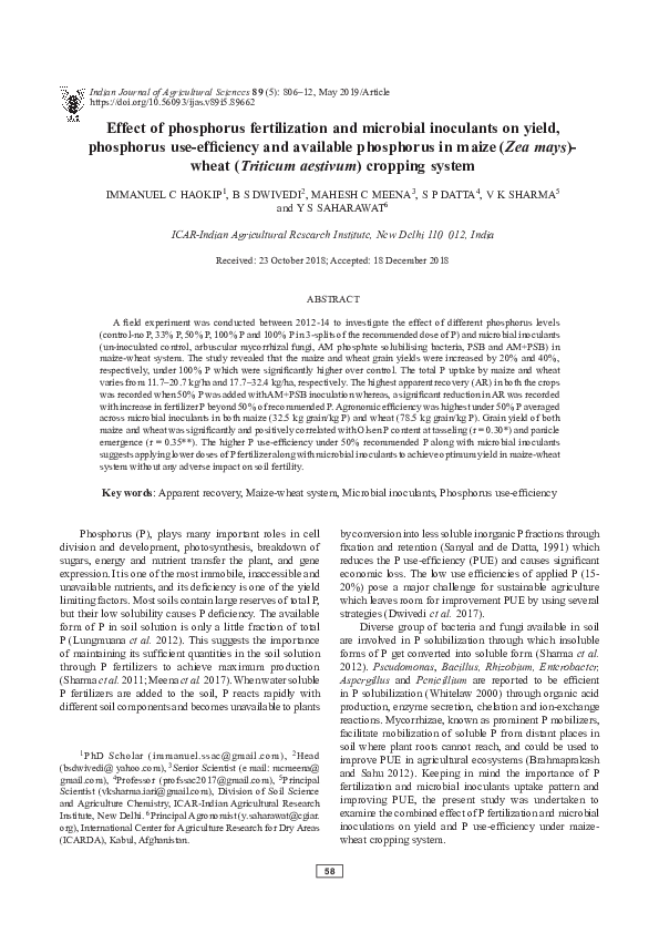 (PDF) Effect of phosphorus fertilization and microbial inoculants on yield, phosphorus use ...