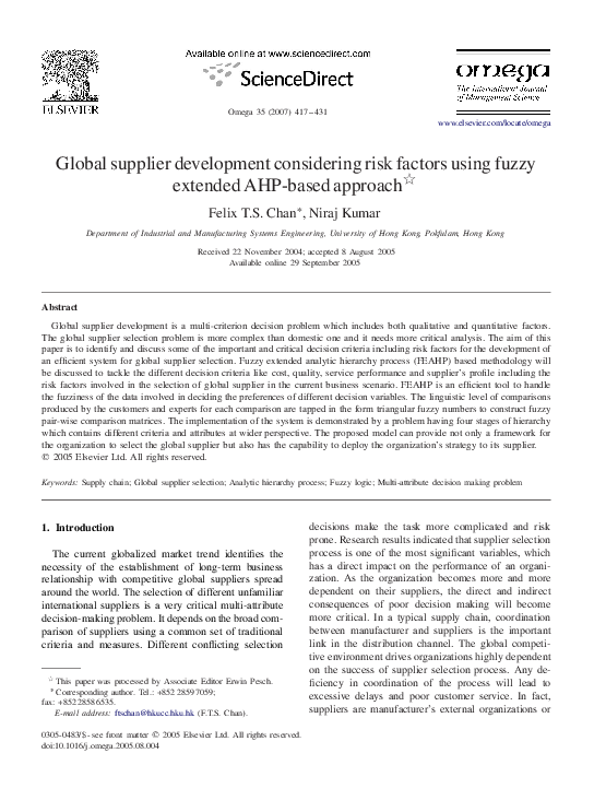 (PDF) Global supplier development considering risk factors using fuzzy extended AHP-based approach