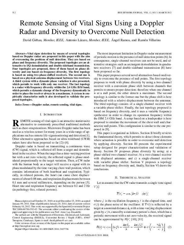 Pdf Remote Sensing Of Vital Signs Using A Doppler Radar And Diversity To Overcome Null Detection