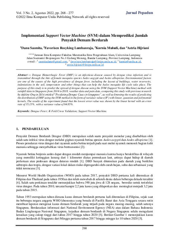 (PDF) Implementasi Support Vector Machine (SVM) Dalam Memprediksi Jumlah Penyakit Demam Berdarah ...
