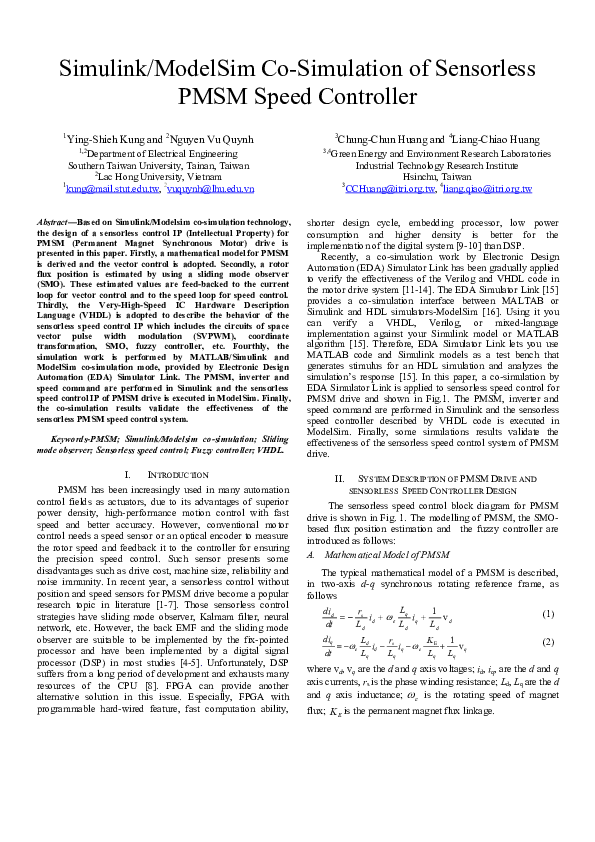 (PDF) Simulink/ModelSim co-simulation of sensorless PMSM speed controller