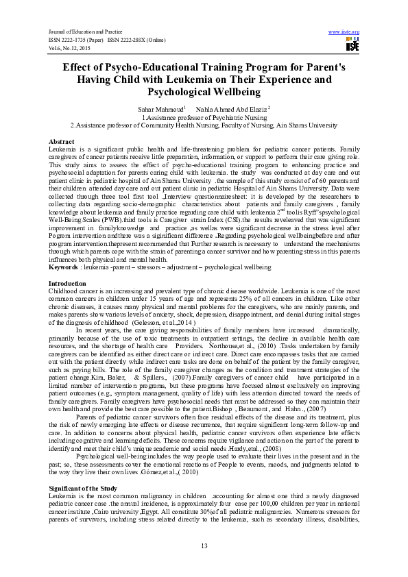(PDF) Effect of Psycho-Educational Training Program for Parent's Having ...