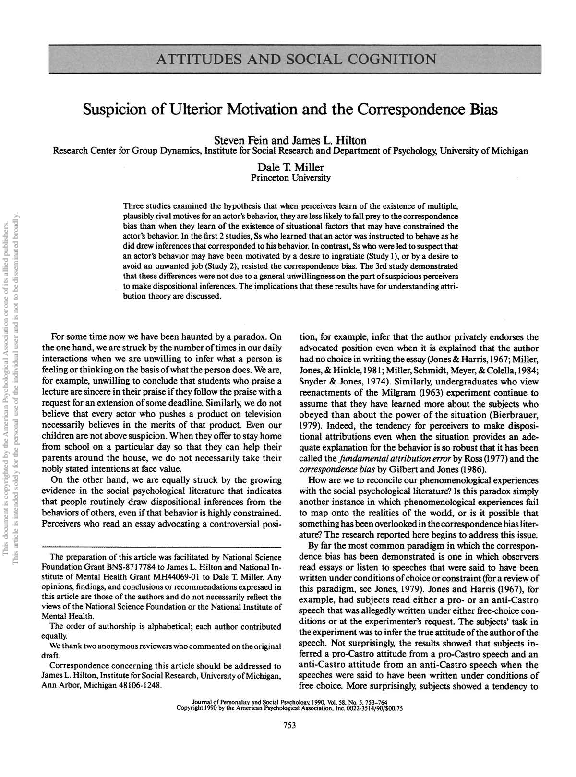 (PDF) Suspicion of ulterior motivation and the correspondence bias