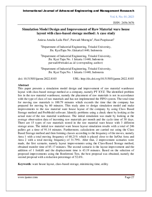 (PDF) Simulation Model Design and Improvement of Raw Material ware house layout with class-based ...