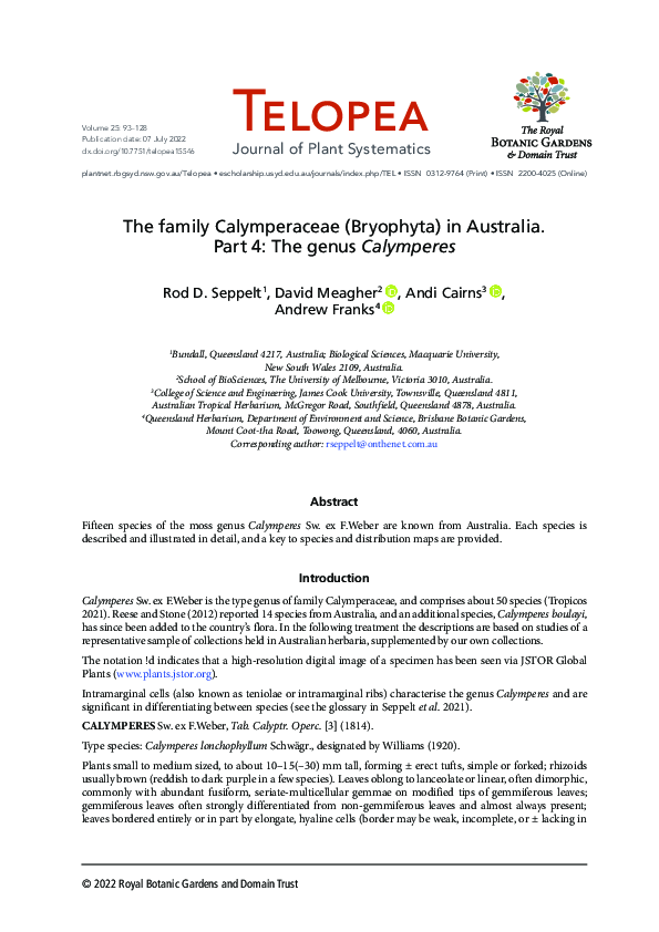 (PDF) The family Calymperaceae (Bryophyta) in Australia. Part 4: The ...