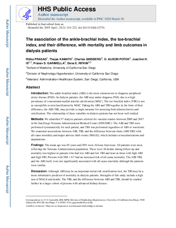 (PDF) The association of the ankle‐brachial index, the toe‐brachial ...