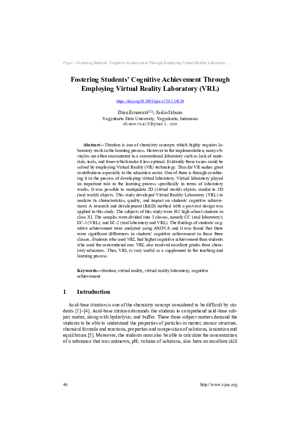 (PDF) Fostering Students’ Cognitive Achievement Through Employing Virtual Reality Laboratory (VRL)