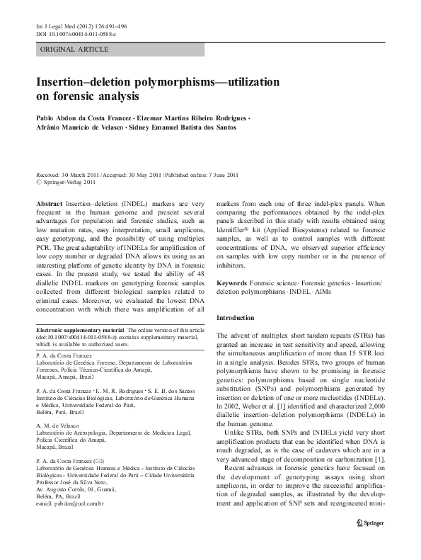 (PDF) Insertion–deletion polymorphisms—utilization on forensic analysis