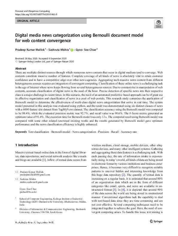 (PDF) Digital media news categorization using Bernoulli document model for web content convergence