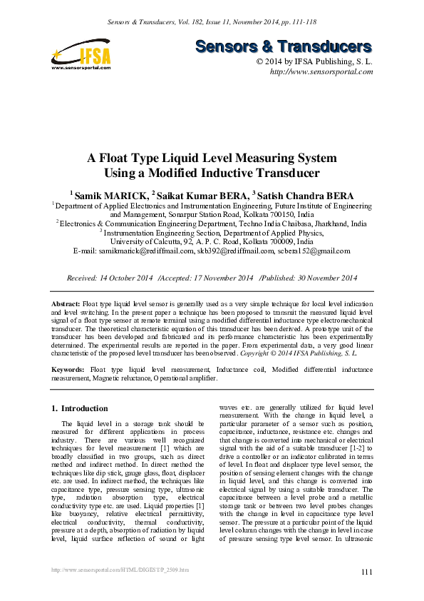 (PDF) A Float Type Liquid Level Measuring System Using a Modified Inductive Transducer