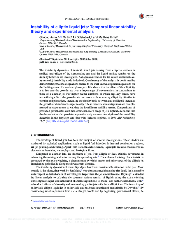 (PDF) Instability of elliptic liquid jets: Temporal linear stability theory and experimental ...