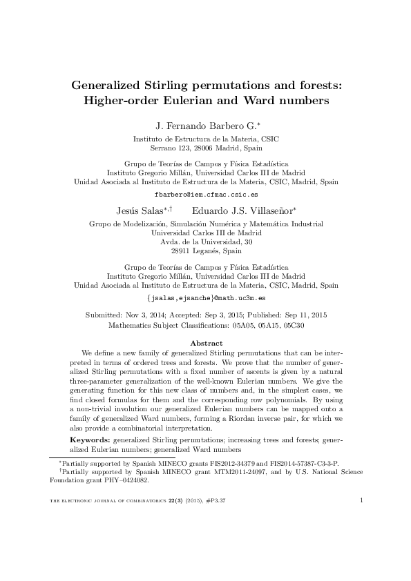(PDF) Generalized Stirling Permutations and Forests: Higher-Order Eulerian and Ward Numbers