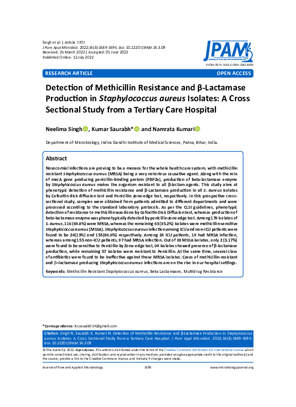 (PDF) MRSA Detection and β-Lactamase Study in S. aureus