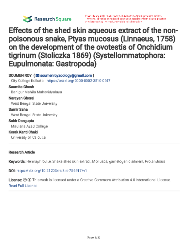 (PDF) Effects of the shed skin aqueous extract of the non-poisonous ...