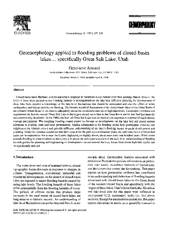 (PDF) Geomorphology applied to flooding problems of closed-basin lakes ...