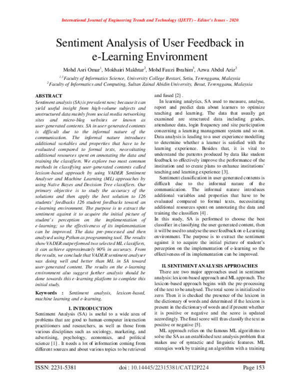 (PDF) Sentiment Analysis of User Feedback in e-Learning Environment | Asri Omar - Academia.edu