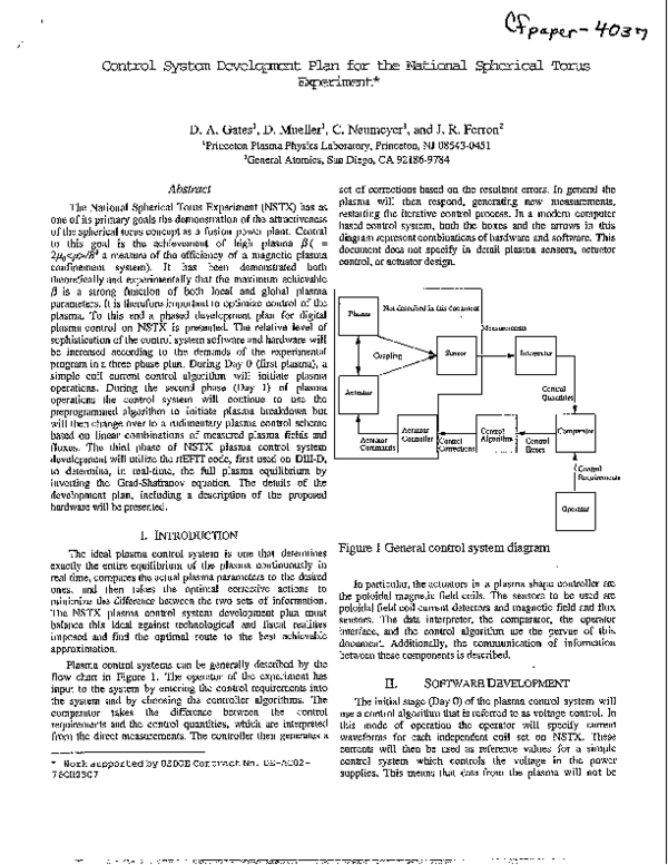 (PDF) Control system development plan for the National Spherical Torus ...