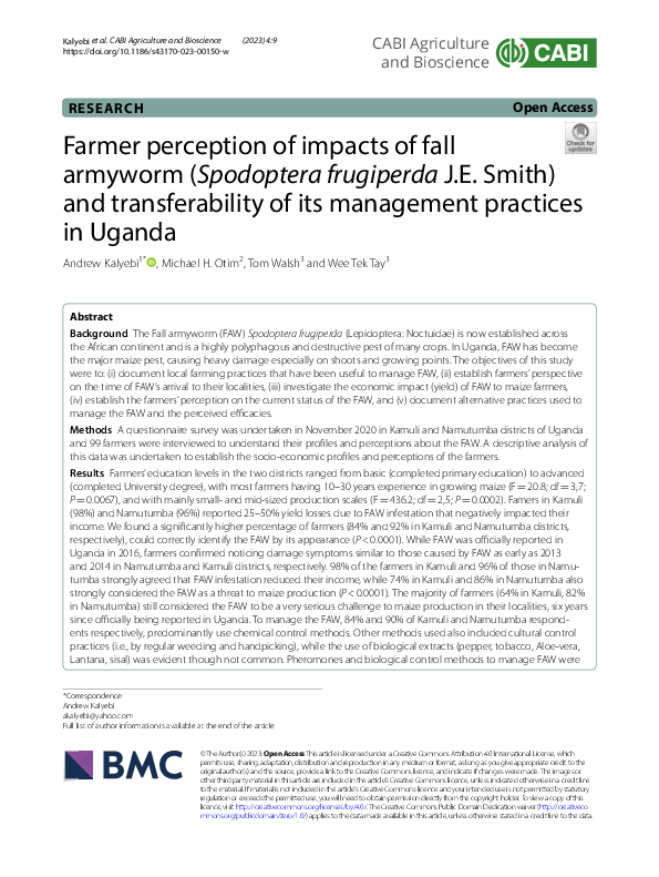 (PDF) Farmer perception of impacts of fall armyworm (Spodoptera frugiperda J.E. Smith) and ...