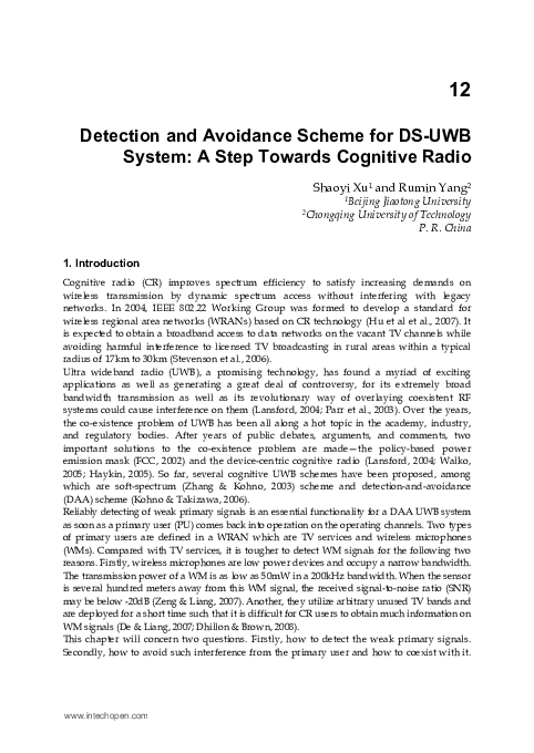 (PDF) Detection and Avoidance Scheme for DS-UWB System: A Step Towards Cognitive Radio