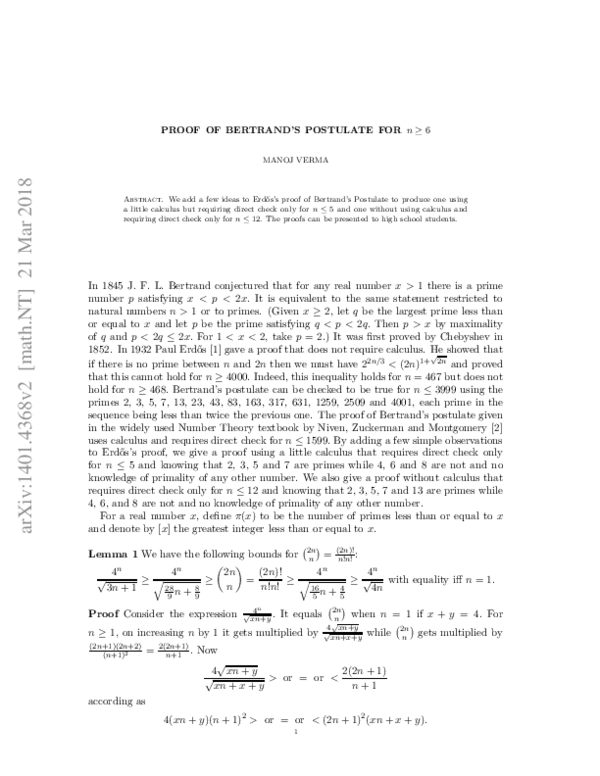 (PDF) A more elementary proof of Bertrand's postulate