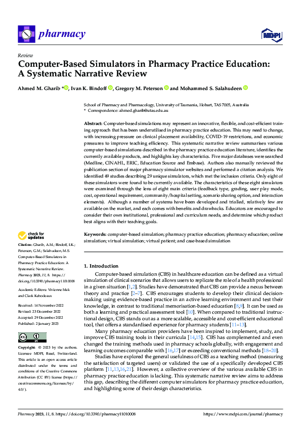 (PDF) Computer-Based Simulators in Pharmacy Practice Education: A Systematic Narrative Review