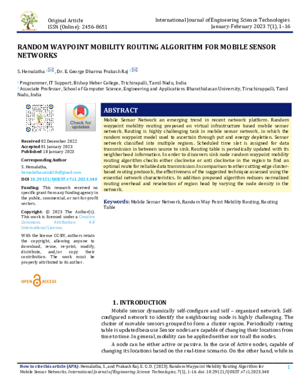 Pdf Random Waypoint Mobility Routing Algorithm For Mobile Sensor Networks Hema Latha