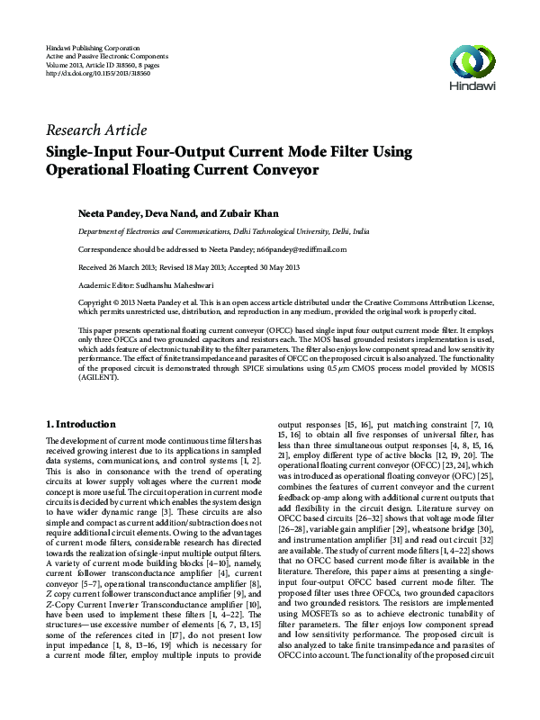 Pdf Single Input Four Output Current Mode Filter Using Operational Floating Current Conveyor 1474