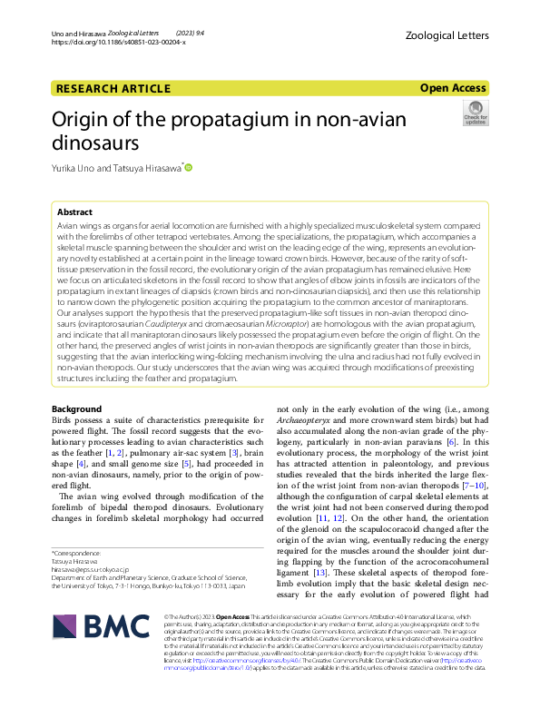 (PDF) Origin of the propatagium in non-avian dinosaurs | Yurika Uno ...