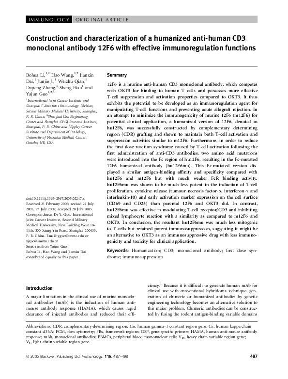 (PDF) Construction and characterization of a humanized anti-human CD3 ...