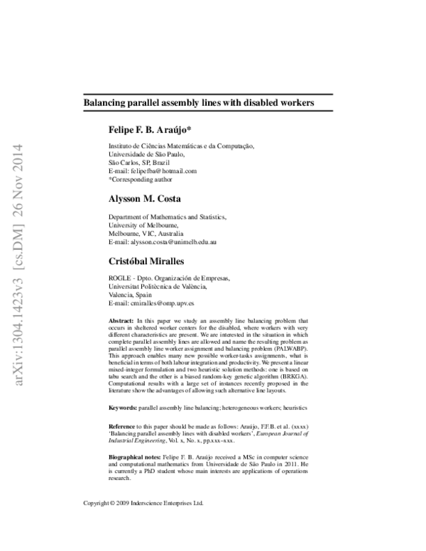 (PDF) Balancing parallel assembly lines with disabled workers