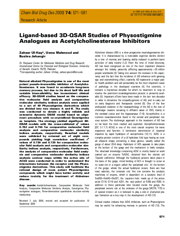 (PDF) Ligand-based 3D-QSAR Studies of Physostigmine Analogues as Acetylcholinesterase Inhibitors