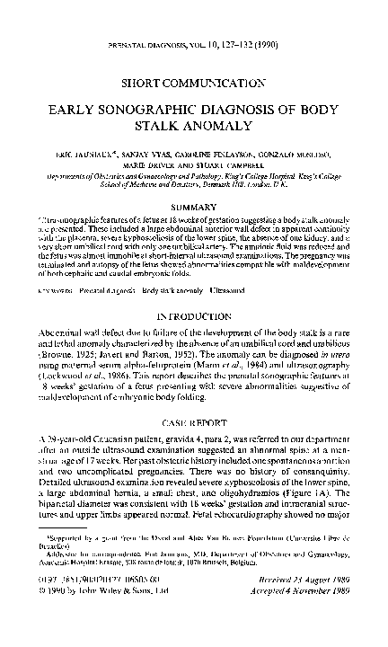 (PDF) Early sonographic diagnosis of body stalk anomaly