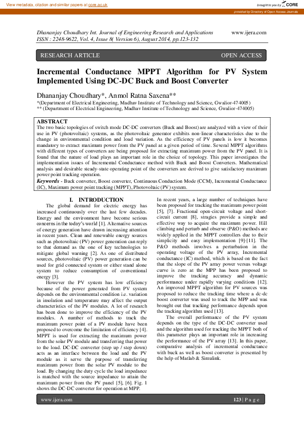 (PDF) Incremental Conductance MPPT Algorithm for PV System Implemented Using DC-DC Buck and ...