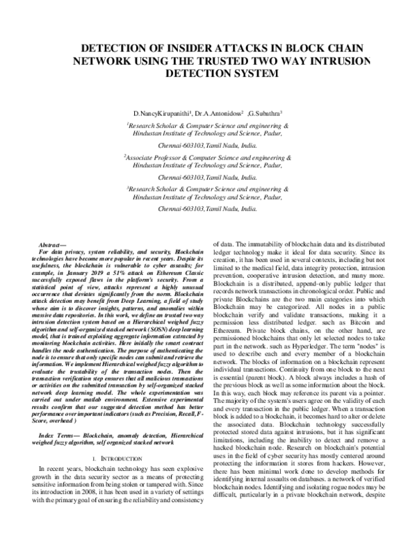 Pdf Detection Of Insider Attacks In Block Chain Network Using The Trusted Two Way Intrusion