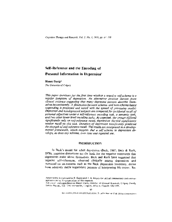(PDF) Self-reference and the encoding of personal information in depression