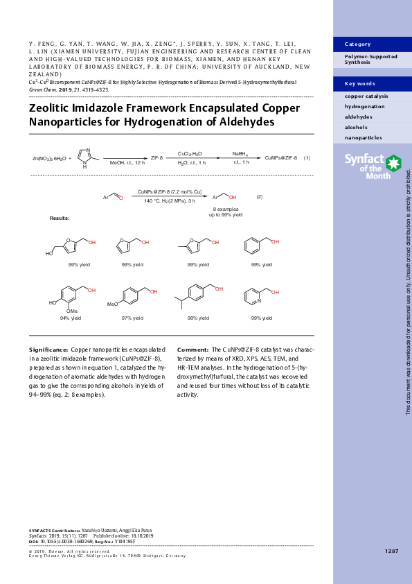 (PDF) Zeolitic Imidazole Framework Encapsulated Copper Nanoparticles for Hydrogenation of Aldehydes